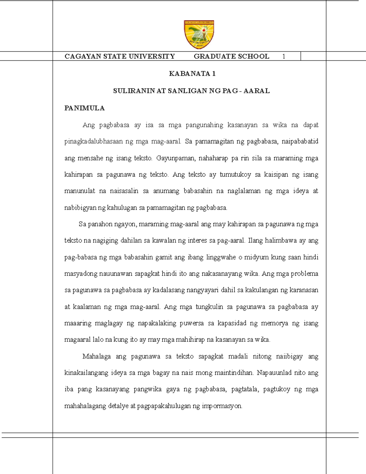 Antas ng Komprehensyon sa Pagbasa ng Senior High School sa Amulung NH ...