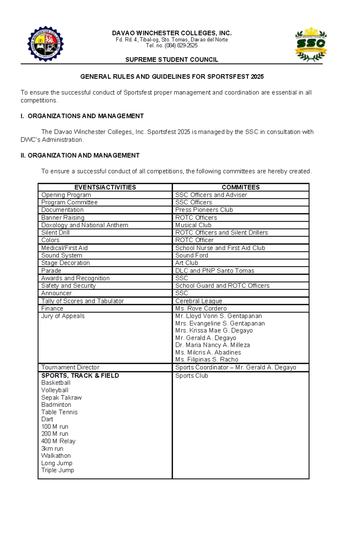Sportsfest 2025 Guidelines - Davao Winchester Colleges, Inc. - Studocu