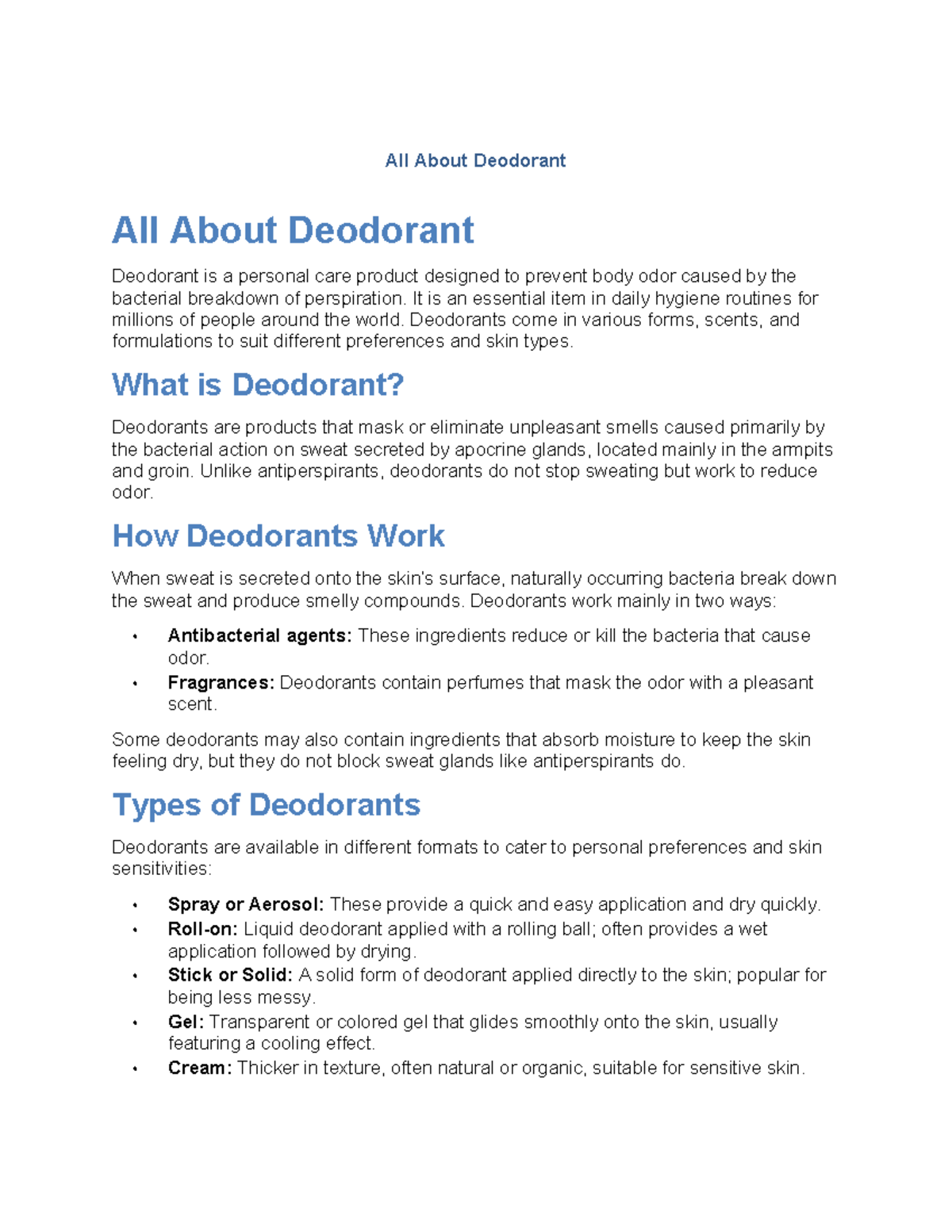 Deodorant Info: Types, Functions, and How They Work - Studocu