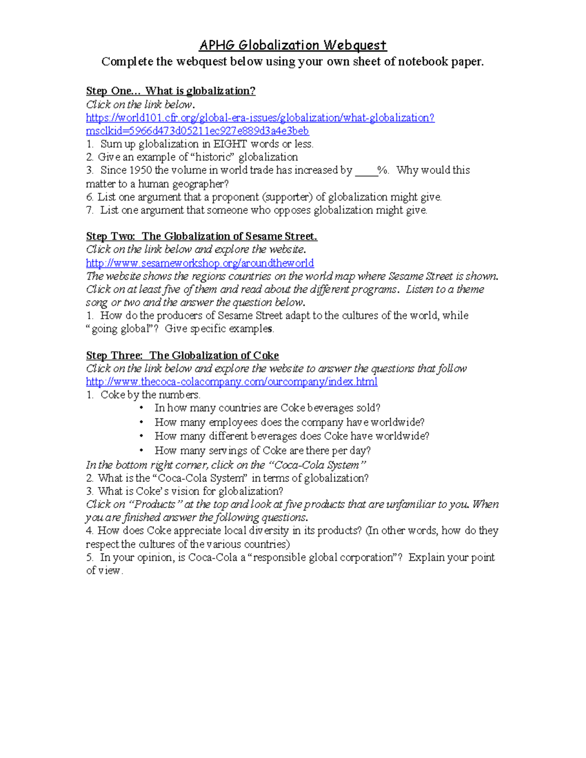 APHG Globalization Webquest: Key Concepts and Analysis Guide - Studocu
