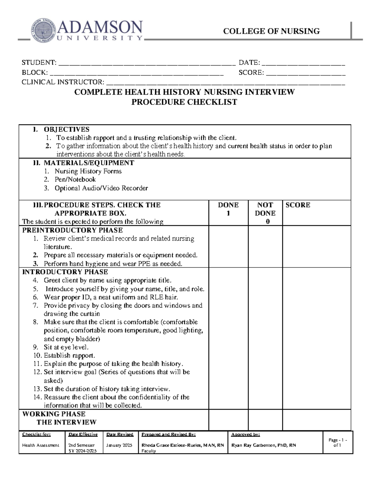 Health Assessment 2nd Sem: Complete Health History Interview Checklist ...