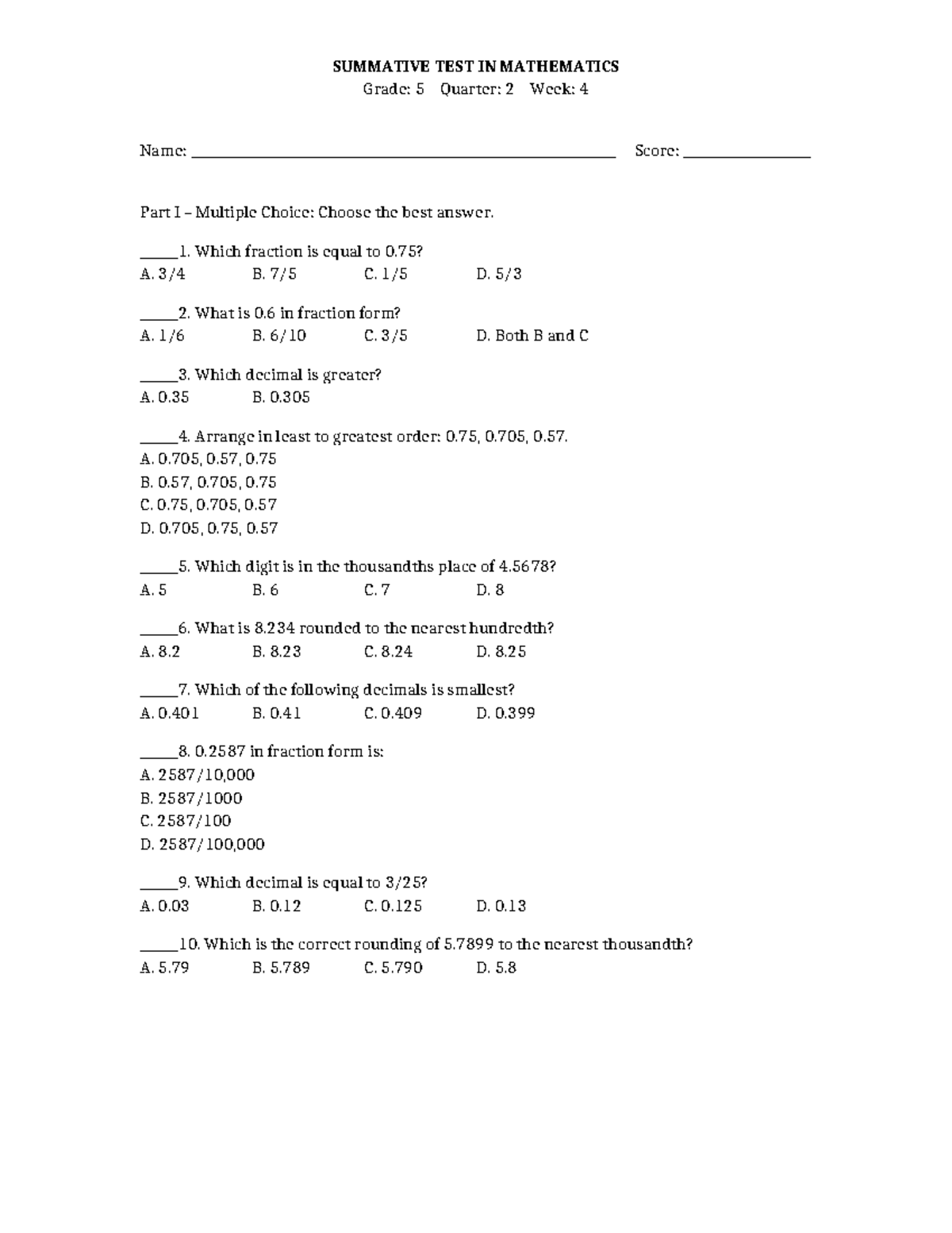 SUMMATIVE TEST MATHEMATICS GRADE 5 Q2 W4 - Studocu