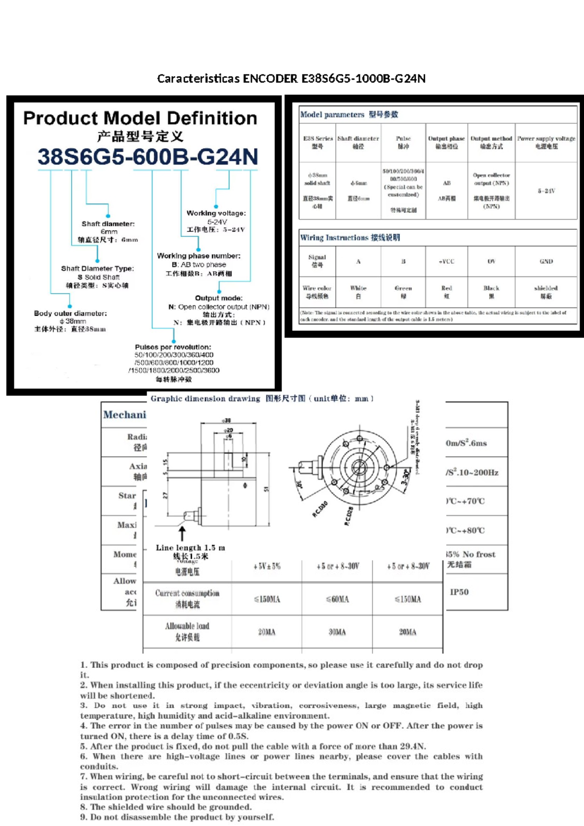 Datasheet for Encoder E38S6G5-1000B: Model Parameters & Wiring - Studocu
