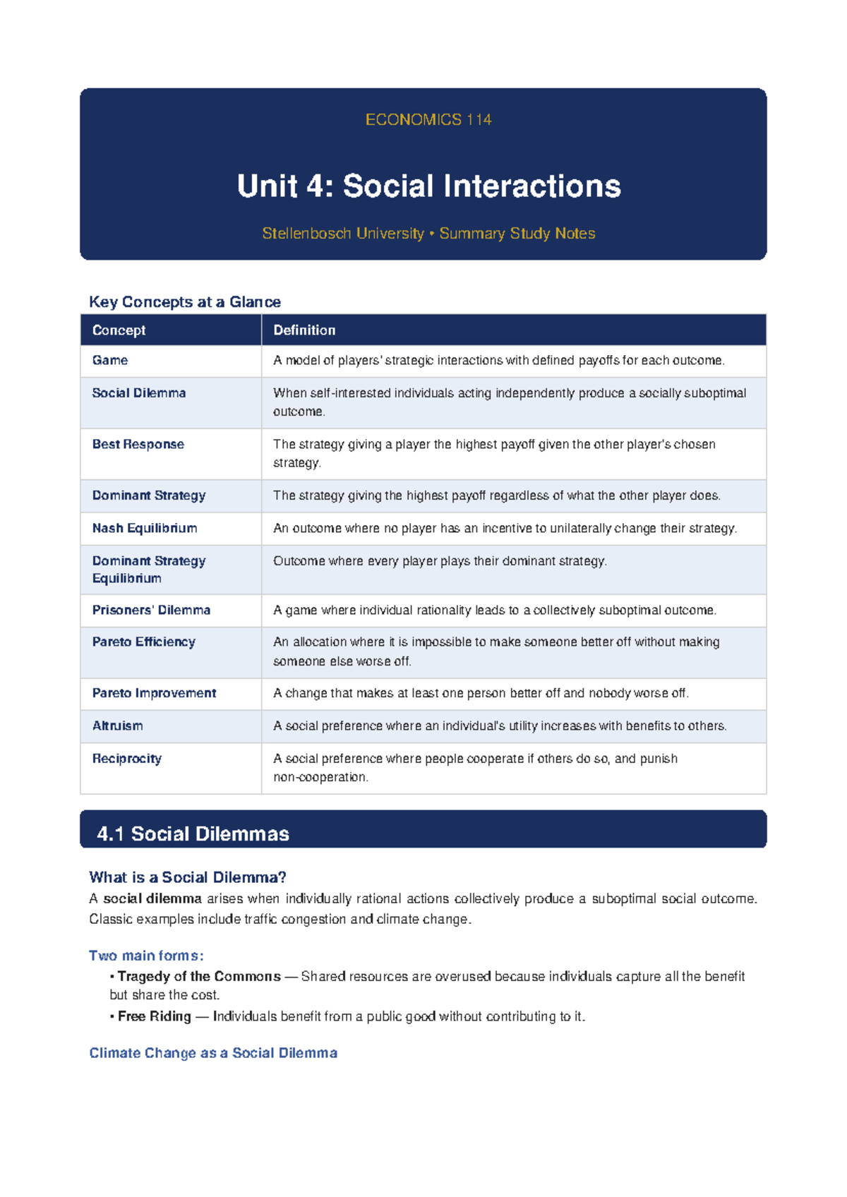 Econ114 Unit 4: Summary Notes on Social Interactions and Game Theory ...