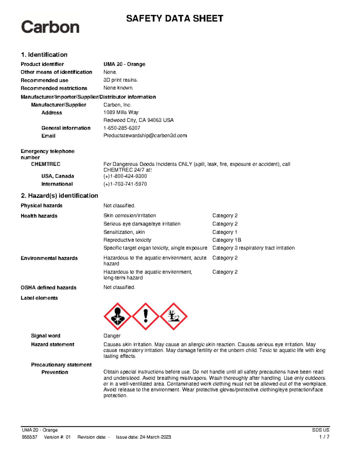119138-02-B UMA 20 Orange Safety Data Sheet (SDS) US English - Studocu