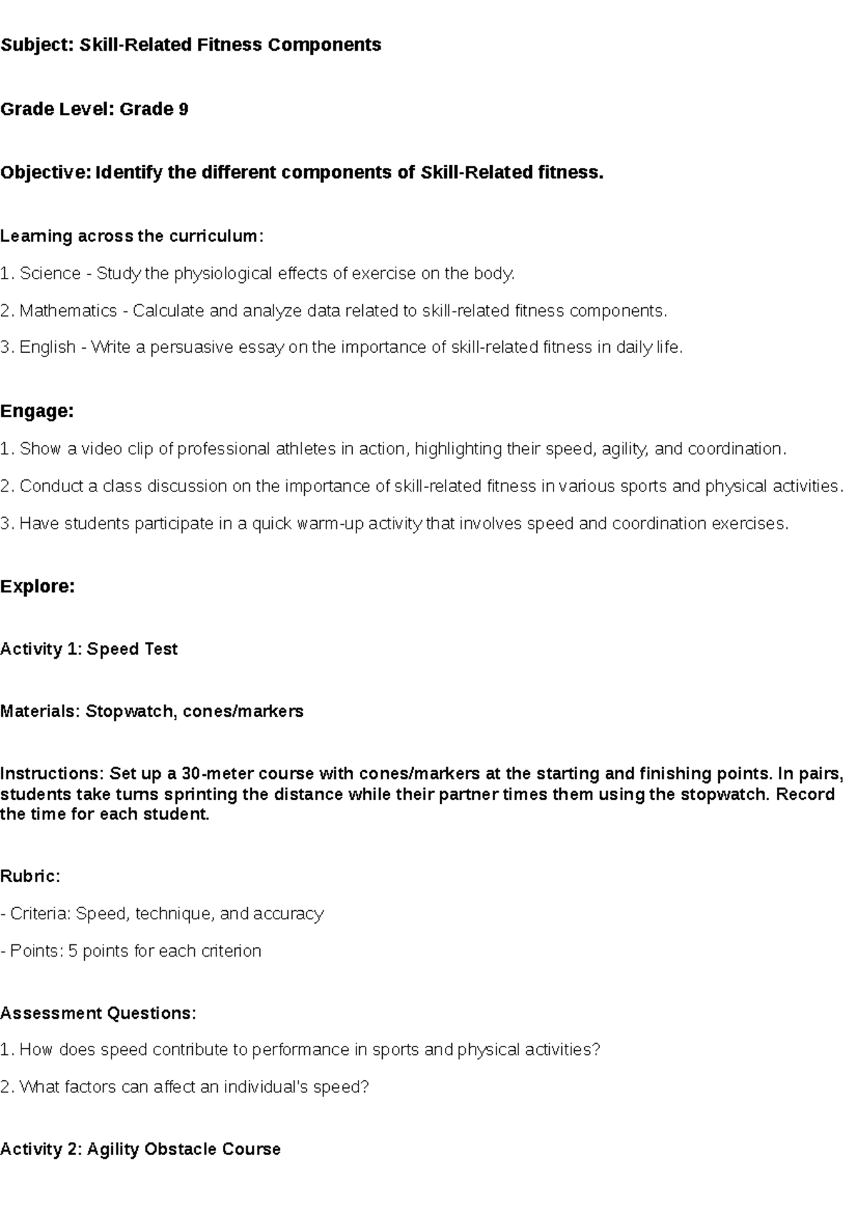 Lesson Plan - Skill-Related Fitness in PE for Grade 9 - Studocu