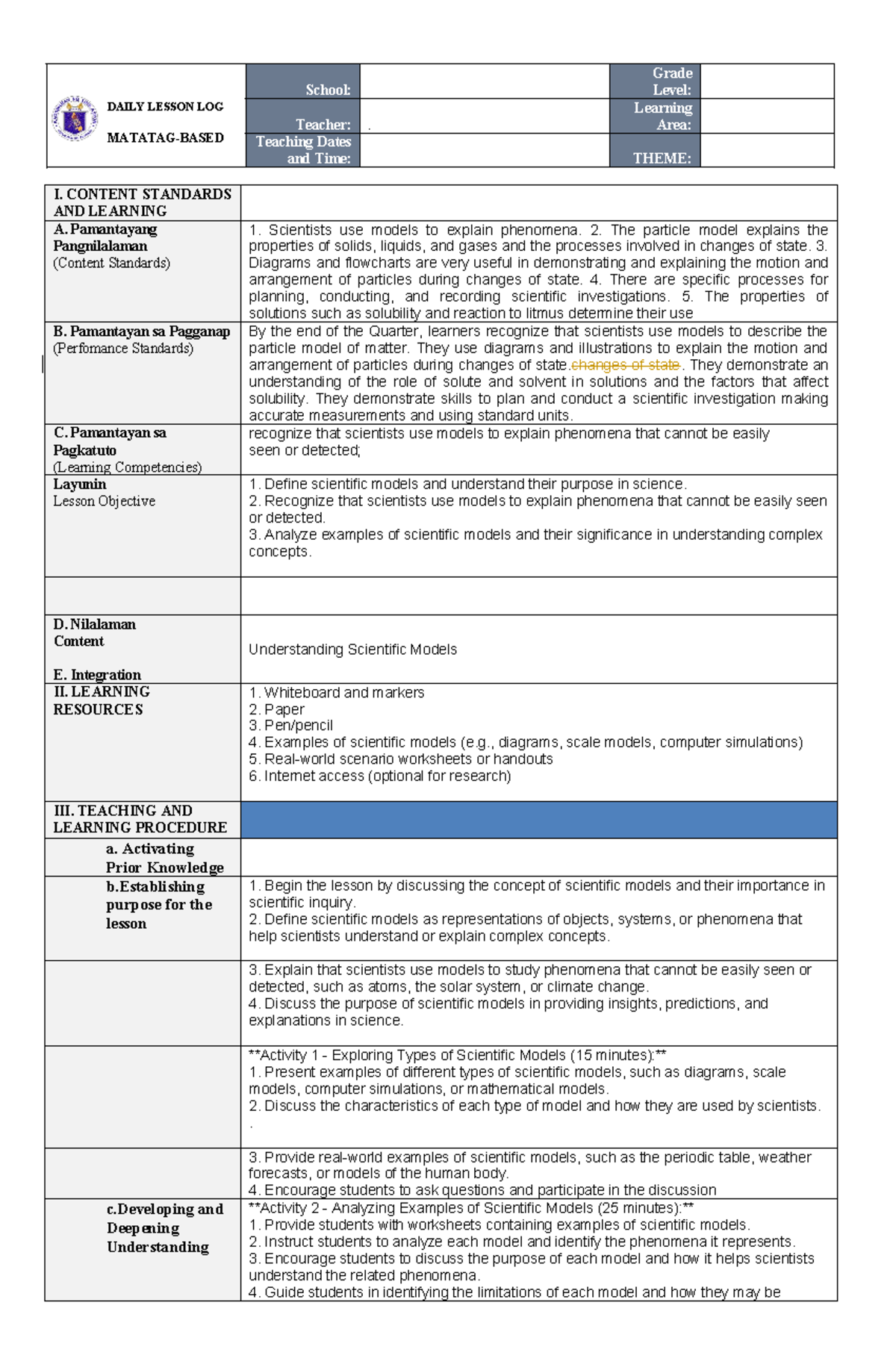 Q1 DLL - Exploring Scientific Models in Science 7 Daily Lesson Log ...