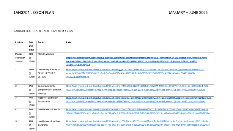 LAH3701 SEM 1 2025 Lecture Series Lesson Plan: Jan - June - Studocu