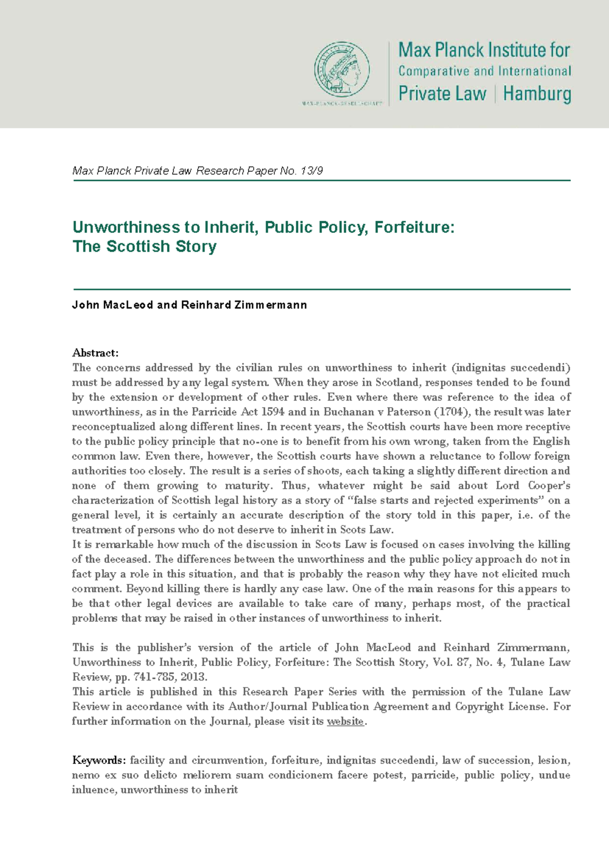 Max Planck Research Paper No. 1429743: Unworthiness to Inherit in Scots ...