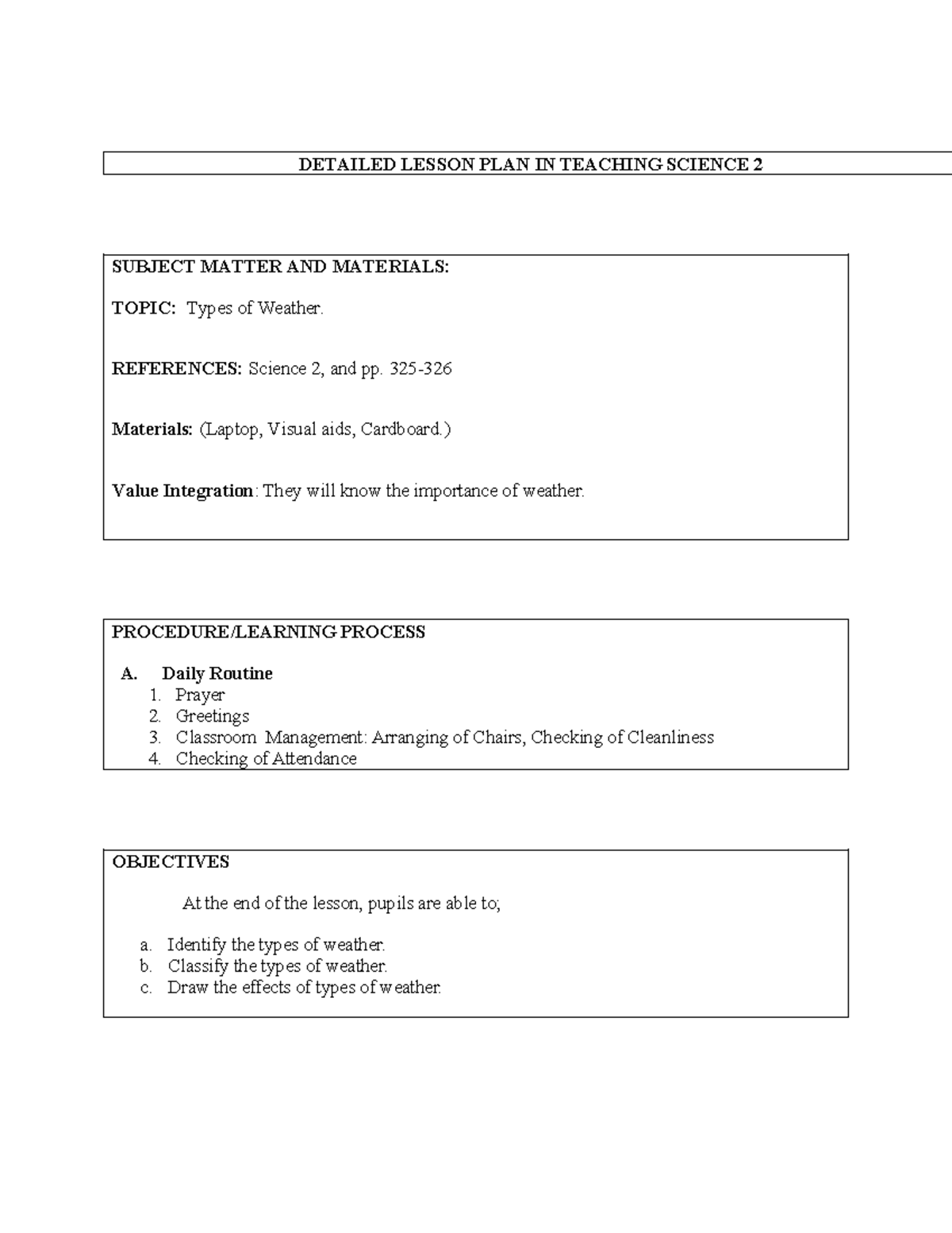 Detailed Lesson Plan for Teaching Science 2: Types of Weather - Studocu