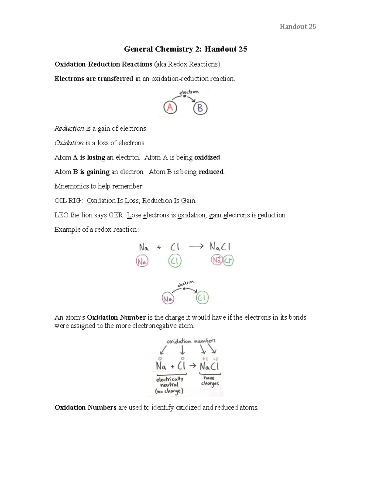 General Chemistry 2: Handout 25 - Oxidation-Reduction Reactions ...