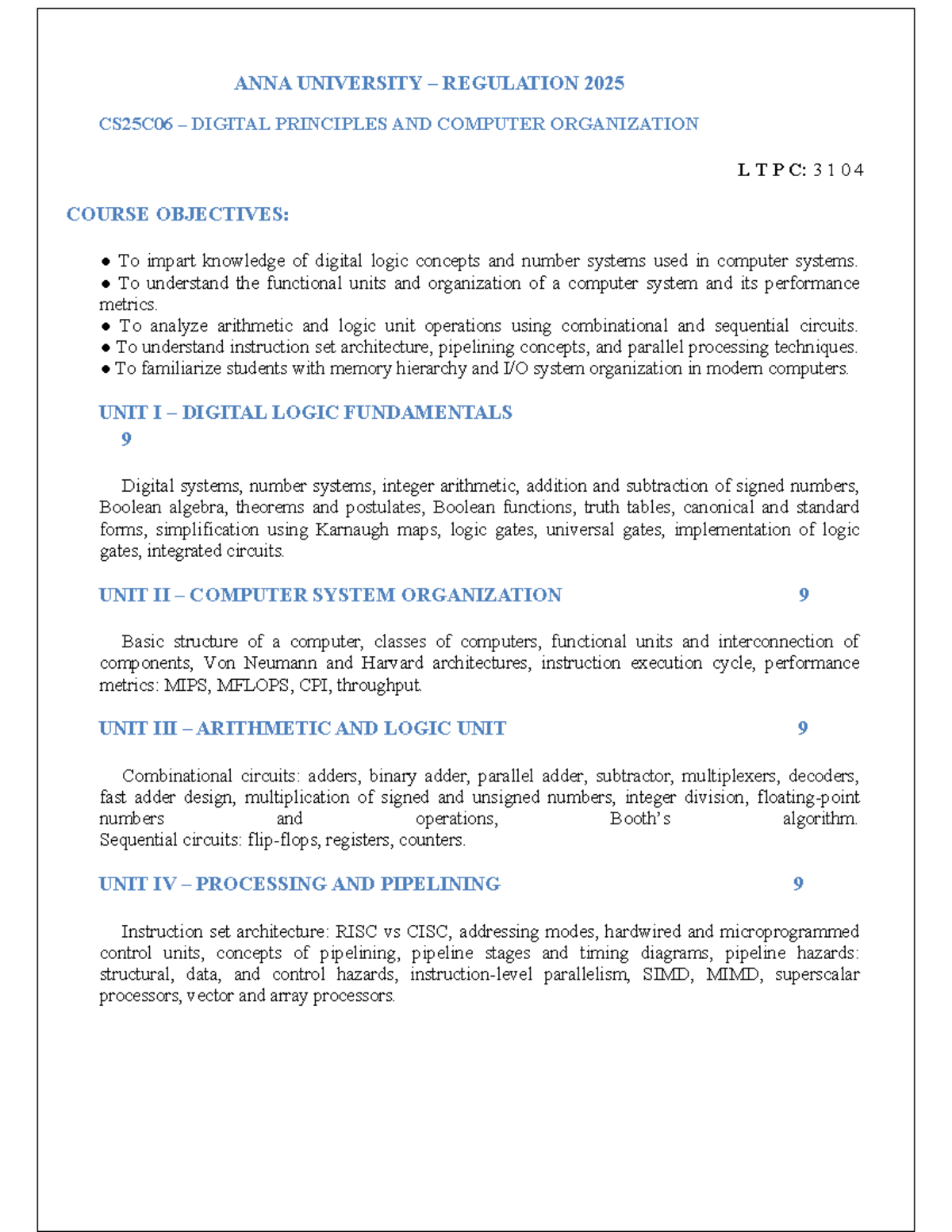 Anna University Regulation 2025 CS25C06 Digital Principles & Computer ...