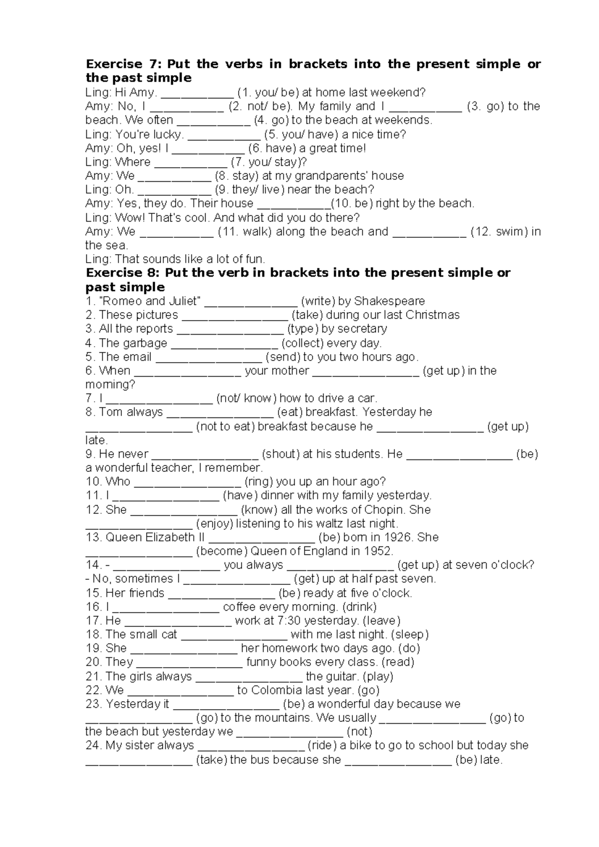 Exercise 7: Present Simple & Past Simple Verb Practice - Studocu