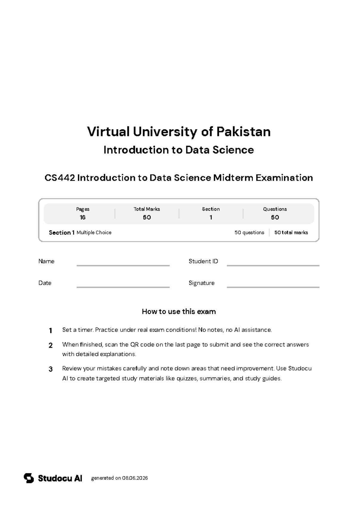 CS442 Introduction to Data Science Midterm Exam - Studocu
