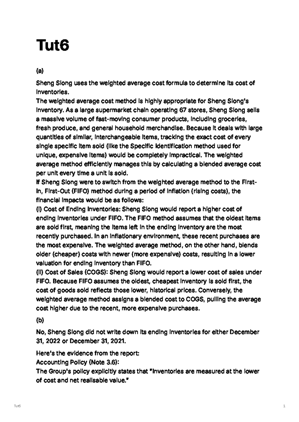 ACC1701XB Tut6: Analysis of Sheng Siong's Inventory Costing Methods ...