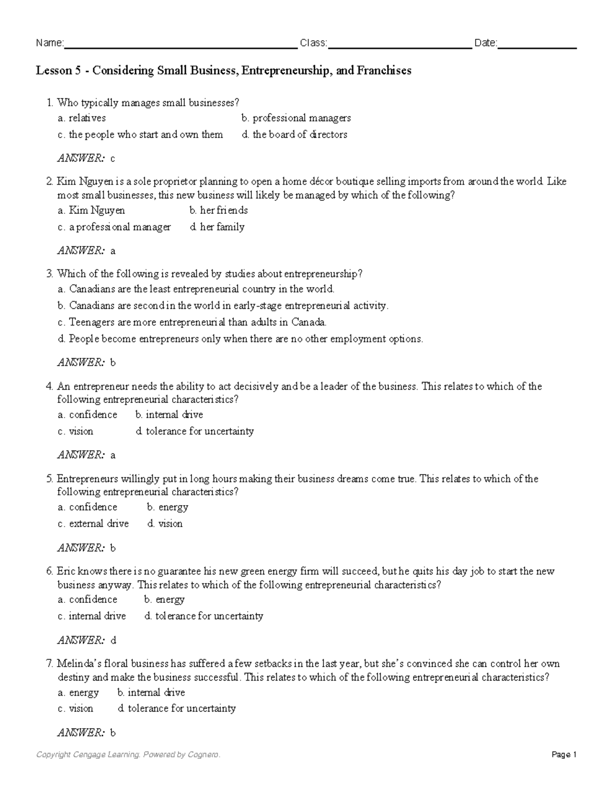 Lesson 5: Understanding Small Business, Entrepreneurship, & Franchises ...