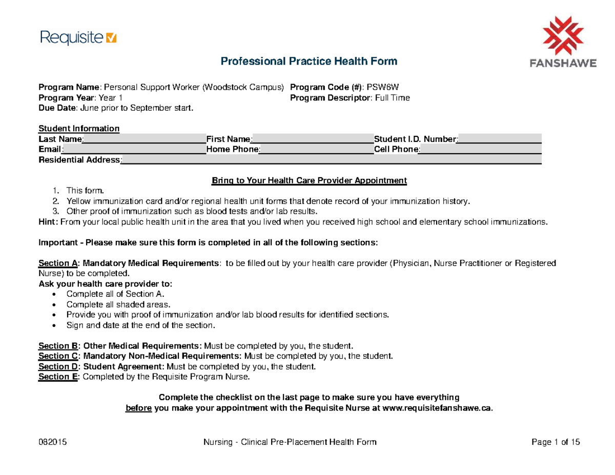 PSW6W Clinical Health Form: Immunization & Medical Requirements - Studocu