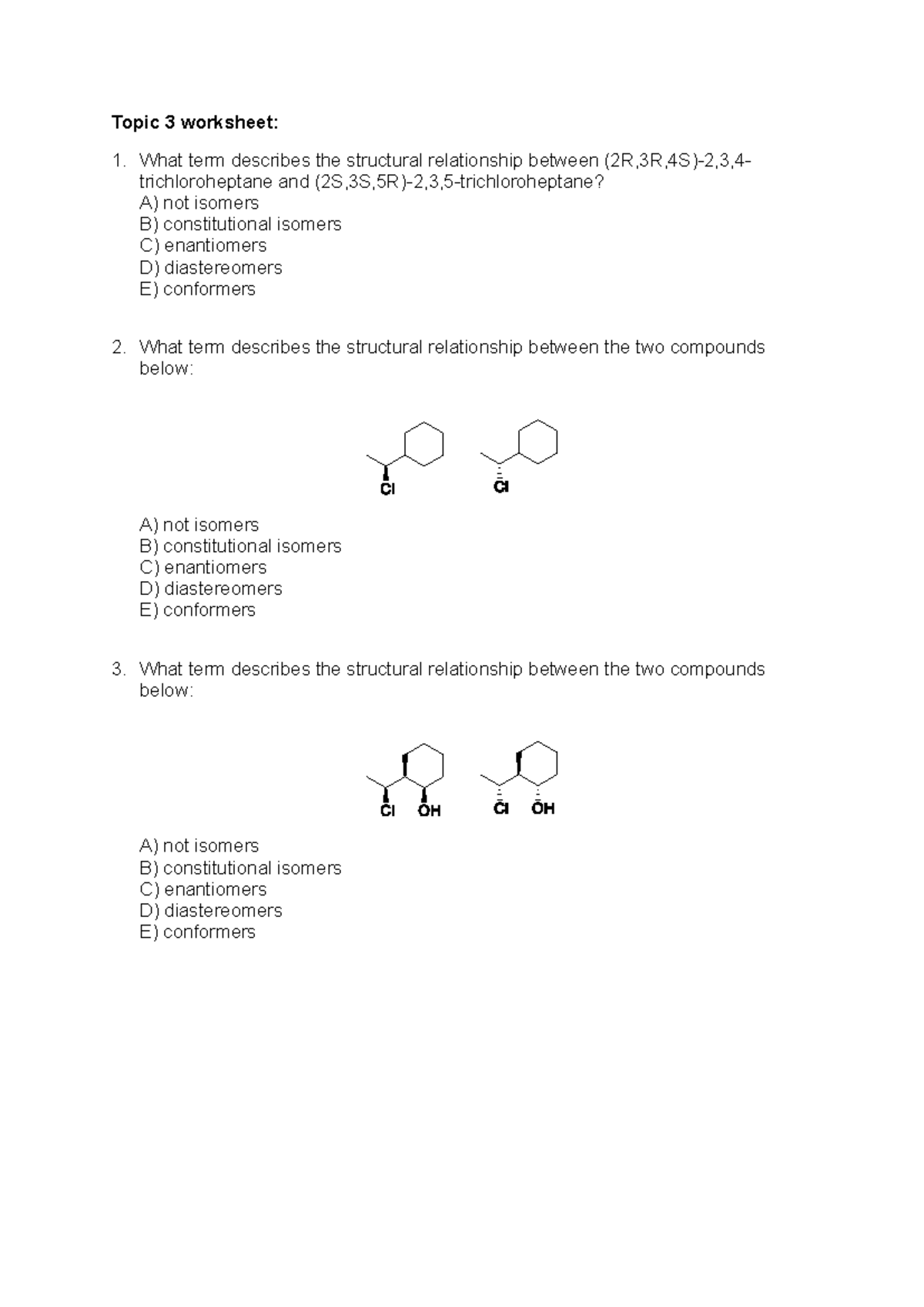 Topic 3 Worksheet: Structural Relationships & Isomerism Questions - Studocu