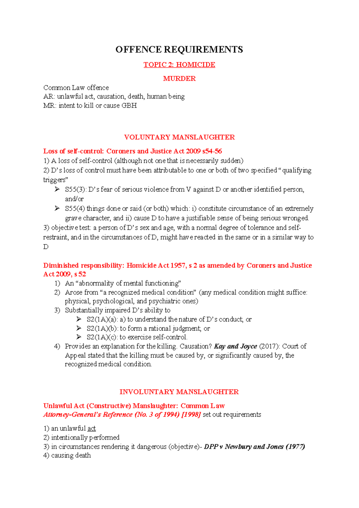 Offence Element Guide MODS: Key Homicide & Non-Fatal Offences Notes ...