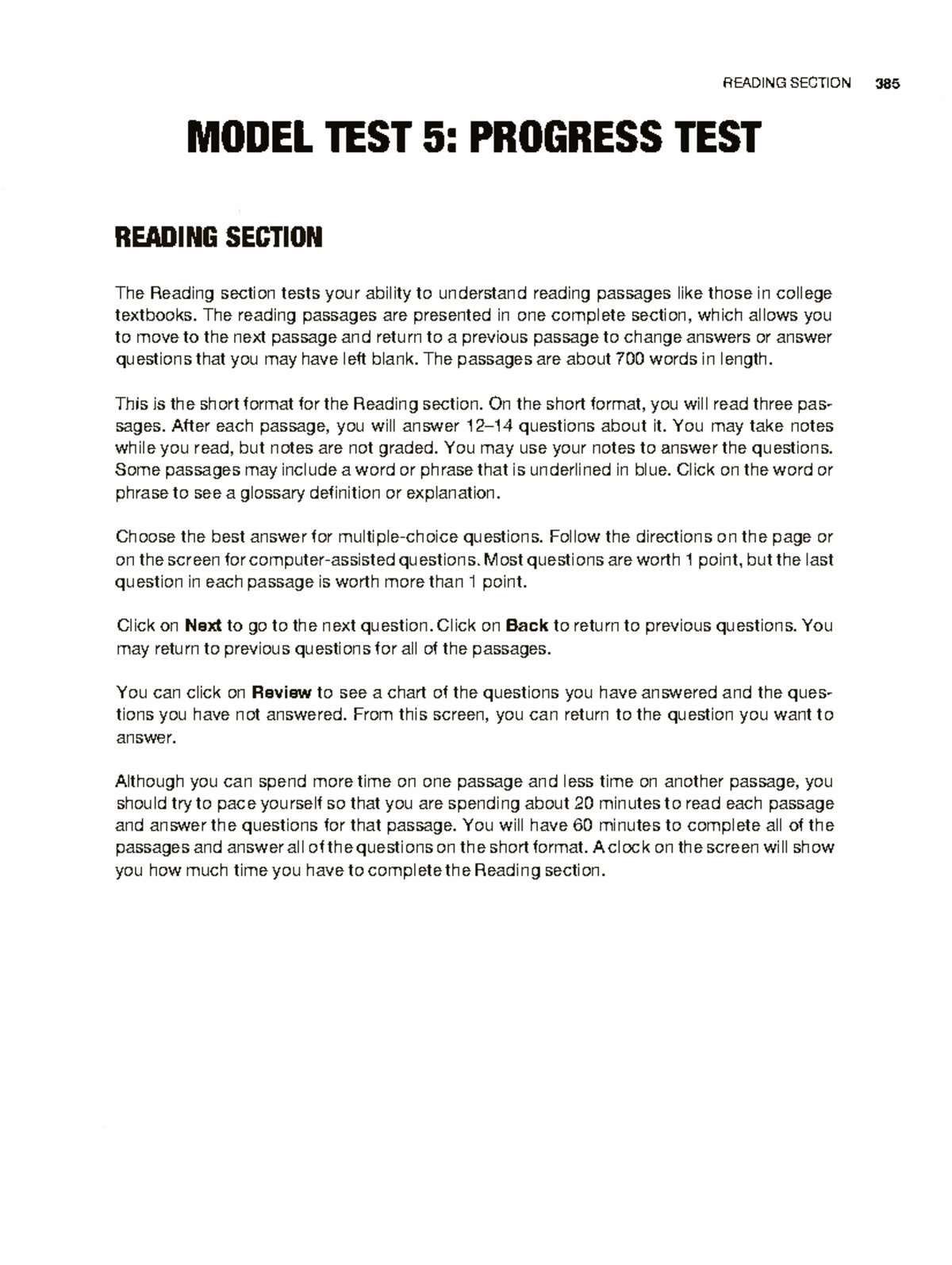 TOEFL iBT Reading Model Test 5: Progress Test Overview - Studocu