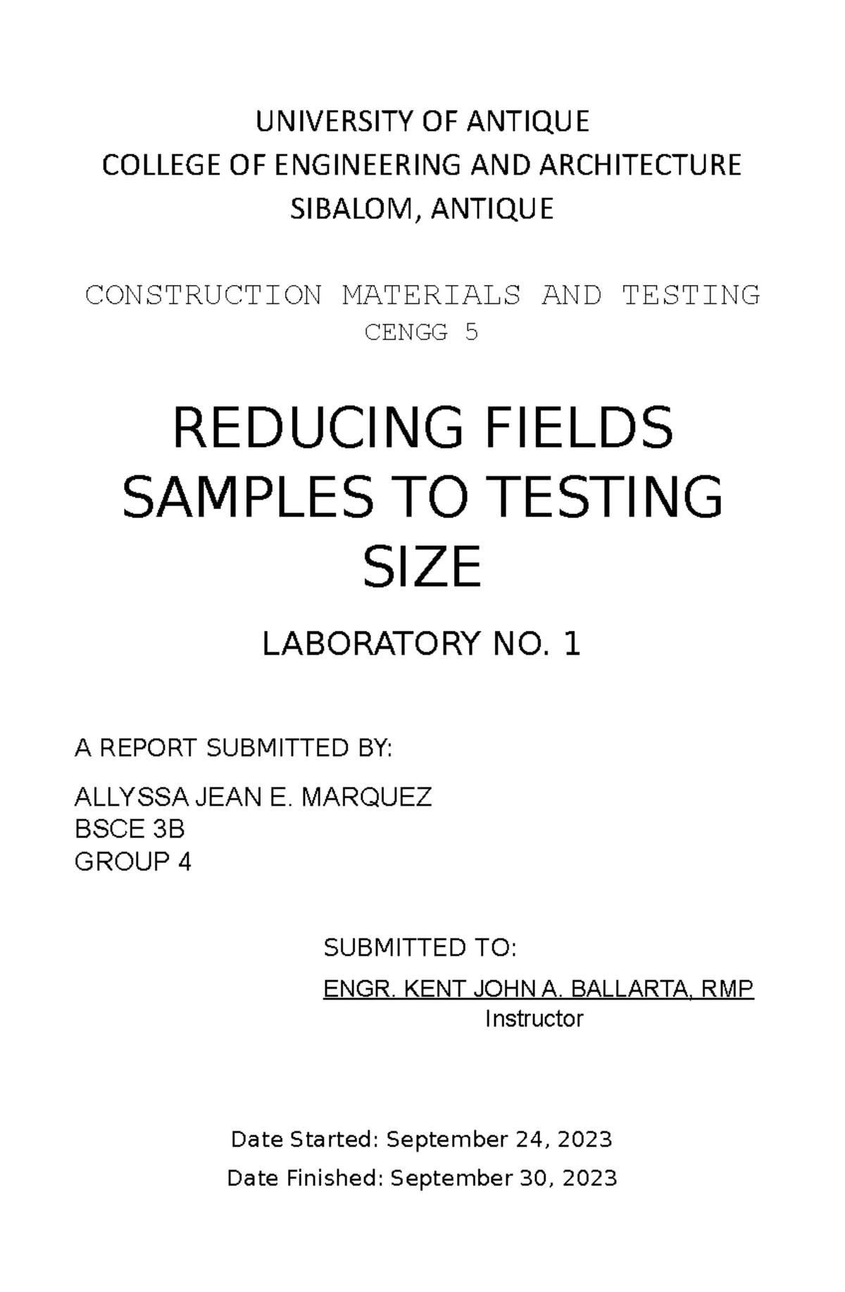 CENGG 5 - LAB 1 - Reducing Field Samples for Testing Size - Studocu