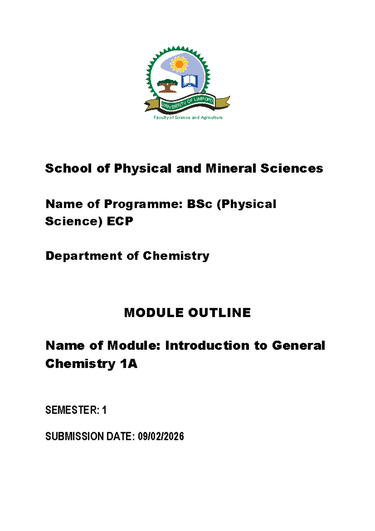 Introduction to General Chemistry 1A (CHEM101) Module Outline and ...