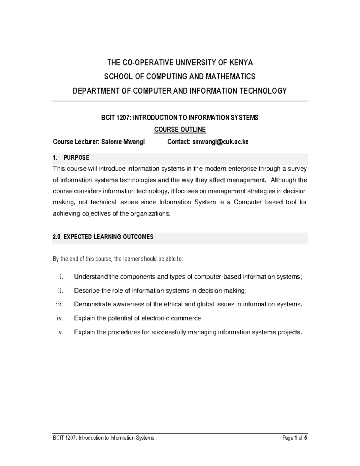 BCIT 1207: Course Outline for Introduction to Information Systems - Studocu