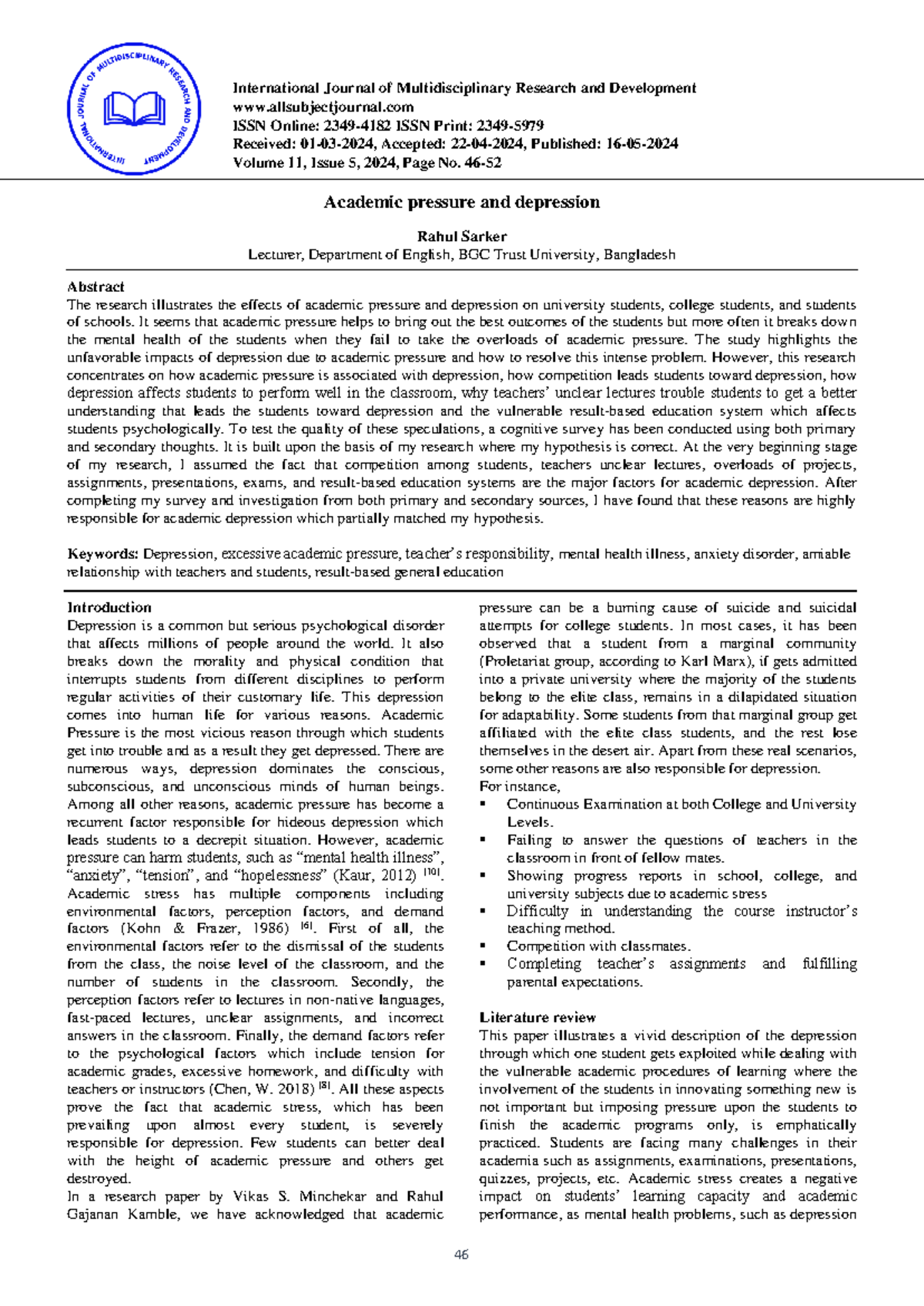 Academic Pressure & Its Link to Depression: A Study in Education - Studocu