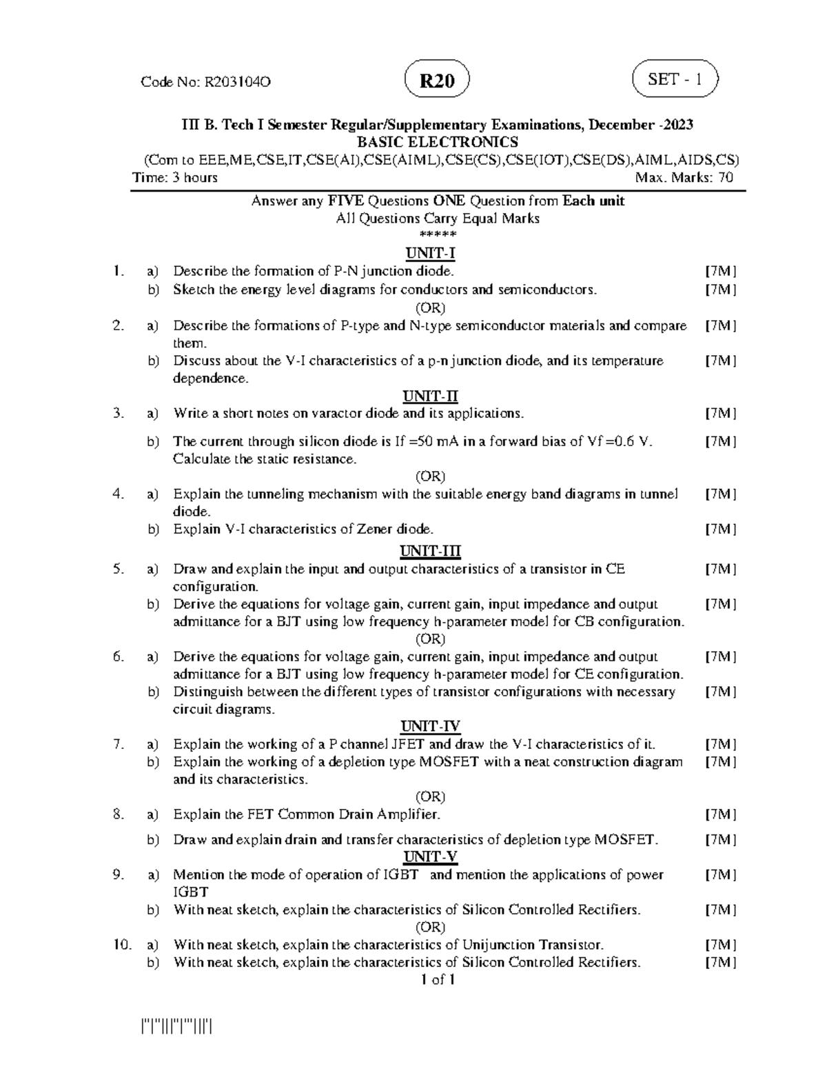 Basic Electronics DEC 2023 - III B. Tech I Semester Regular ...