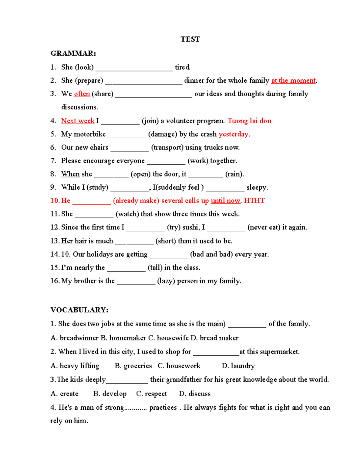 TEST GRAMMAR & VOCABULARY: Practice Exercises for English Skills - Studocu