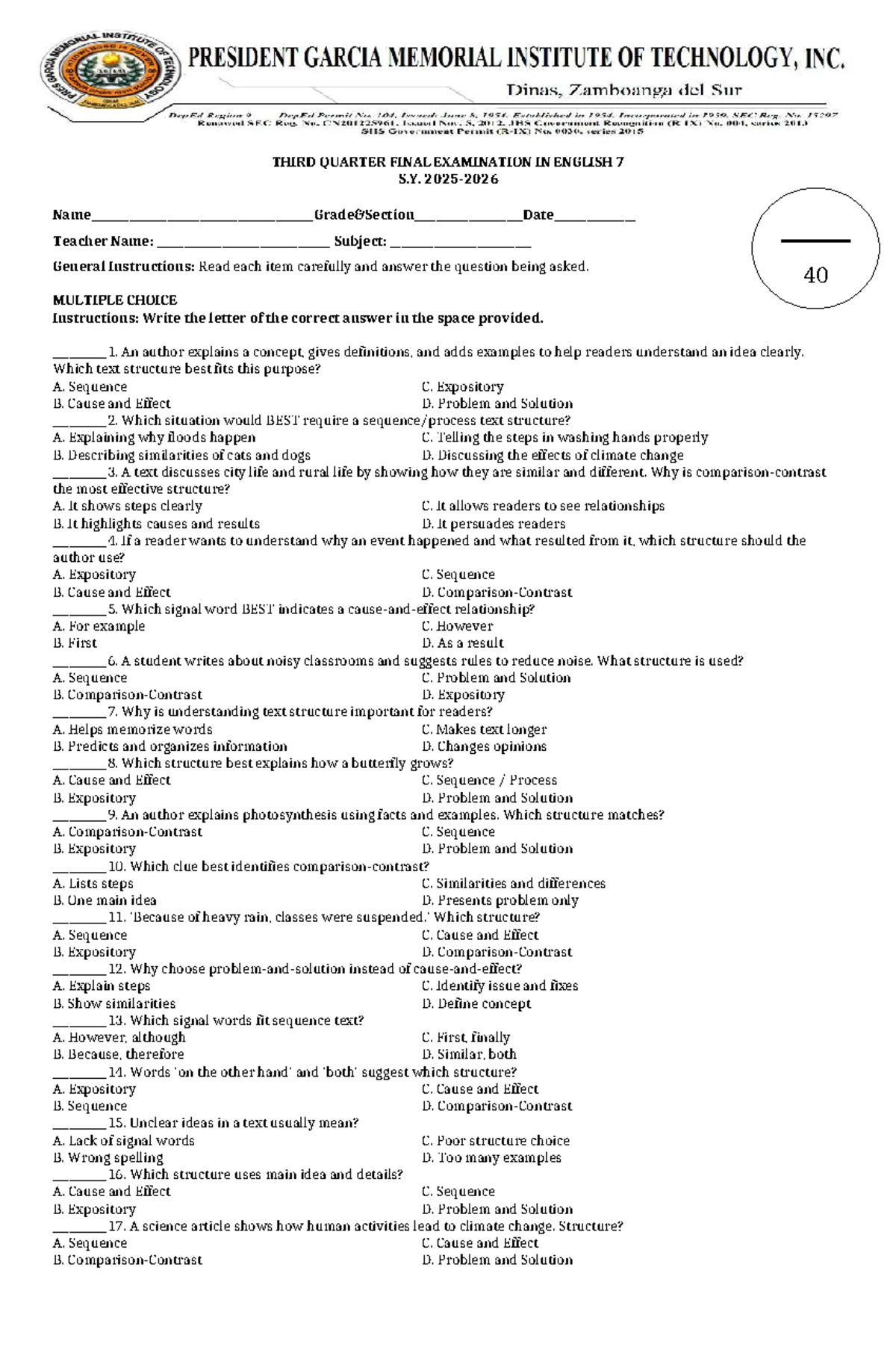 Q3 Final Exam - English 7: Text Structure Analysis - Studocu