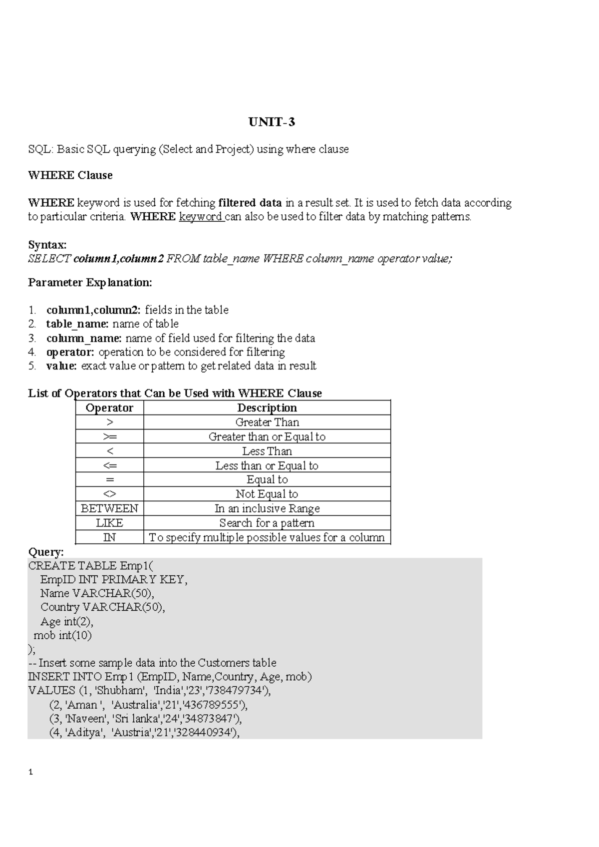 DBMS: Unit 3 - Lecture Notes on SQL Querying and WHERE Clause - Studocu