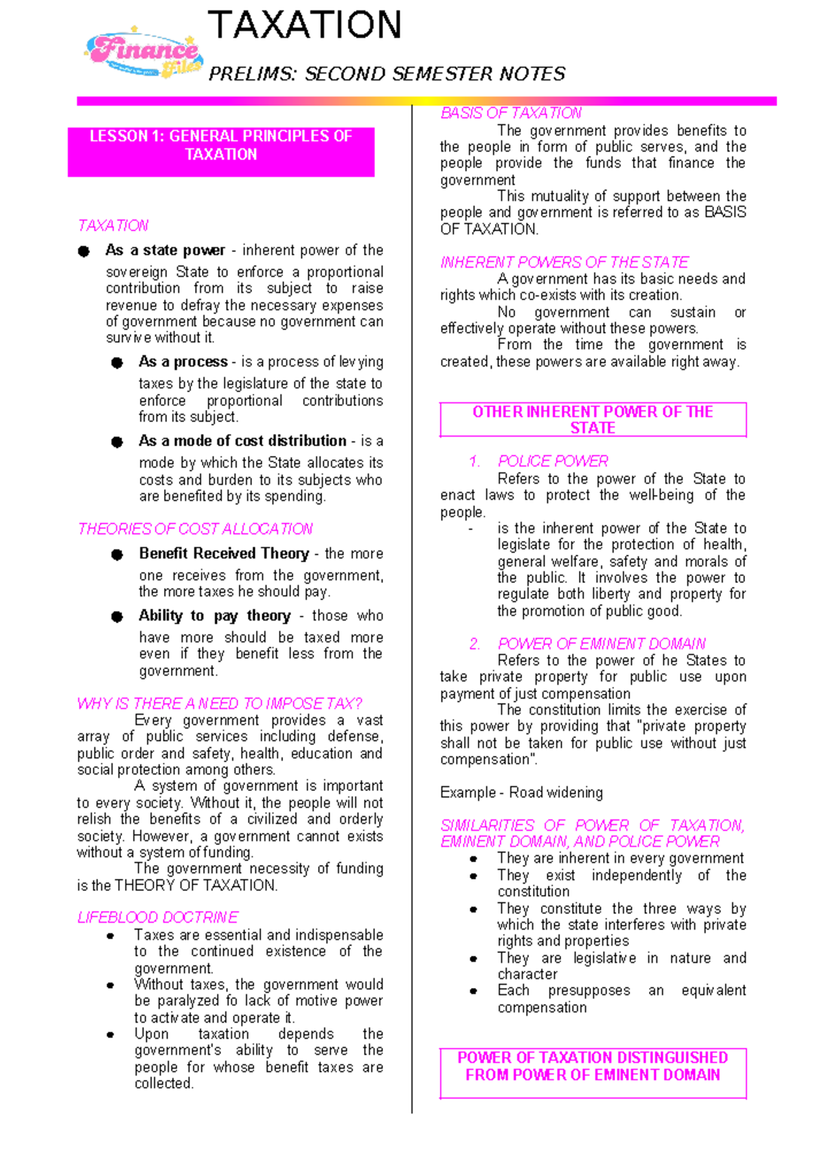 Taxation (Lesson 1) - tax - PRELIMS: SECOND SEMESTER NOTES TAXATION As ...