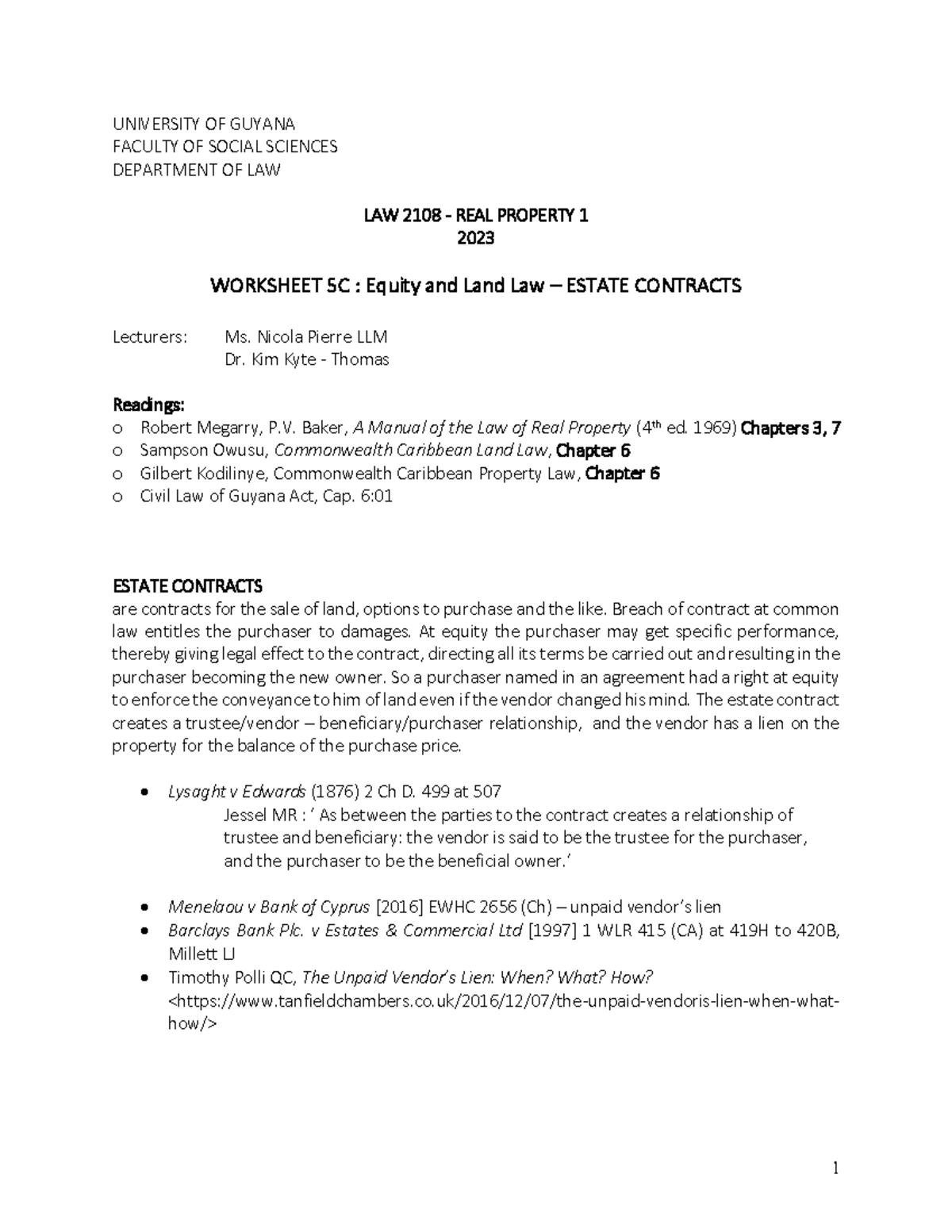 Worksheet 5C - Real Property Law: Estate Contracts (LAW 2108) - Studocu