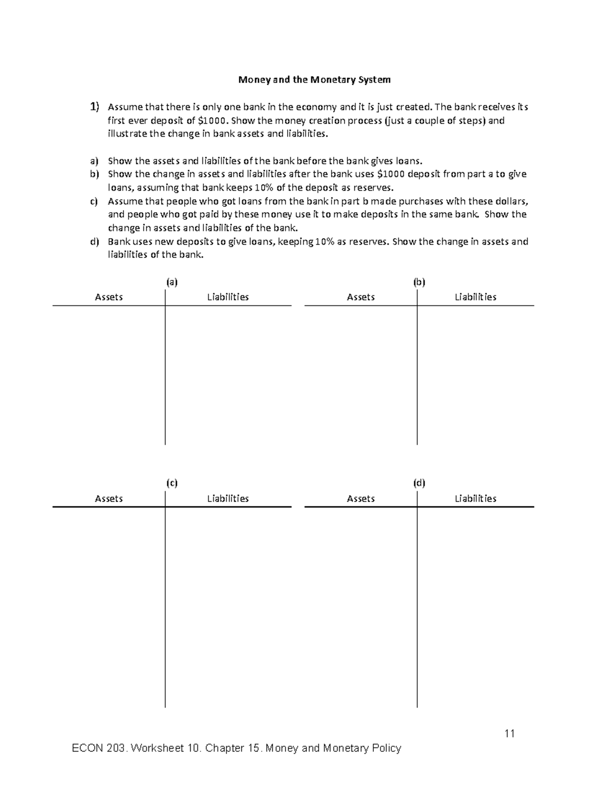 ECON 203. Worksheet 10: Money and Monetary Policy Concepts - 11 Money ...