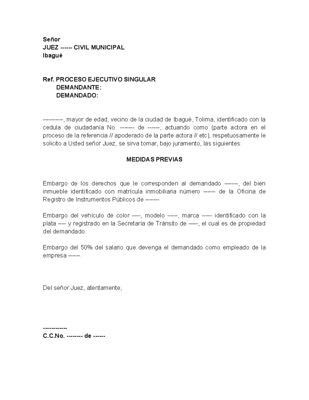Formato de Medidas Previas en Proceso Ejecutivo Singular - Studocu