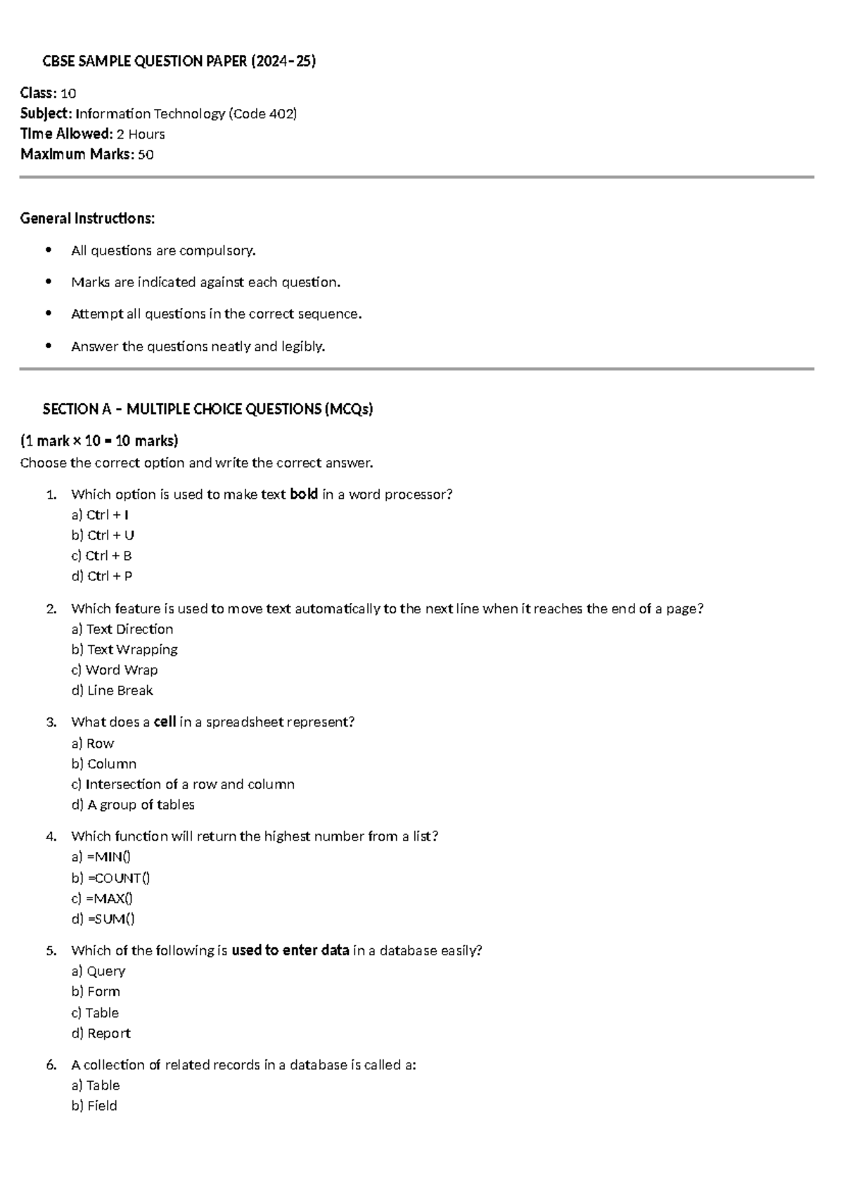 CBSE Sample Question Paper Class 10 IT (Code 402) - Part 2 - Studocu