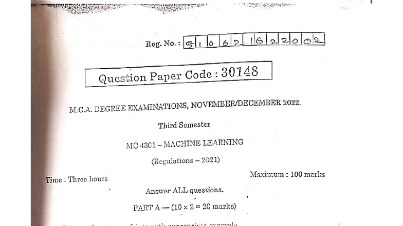 MC4301 - Machine Learning Previous Year Question Papers - Studocu