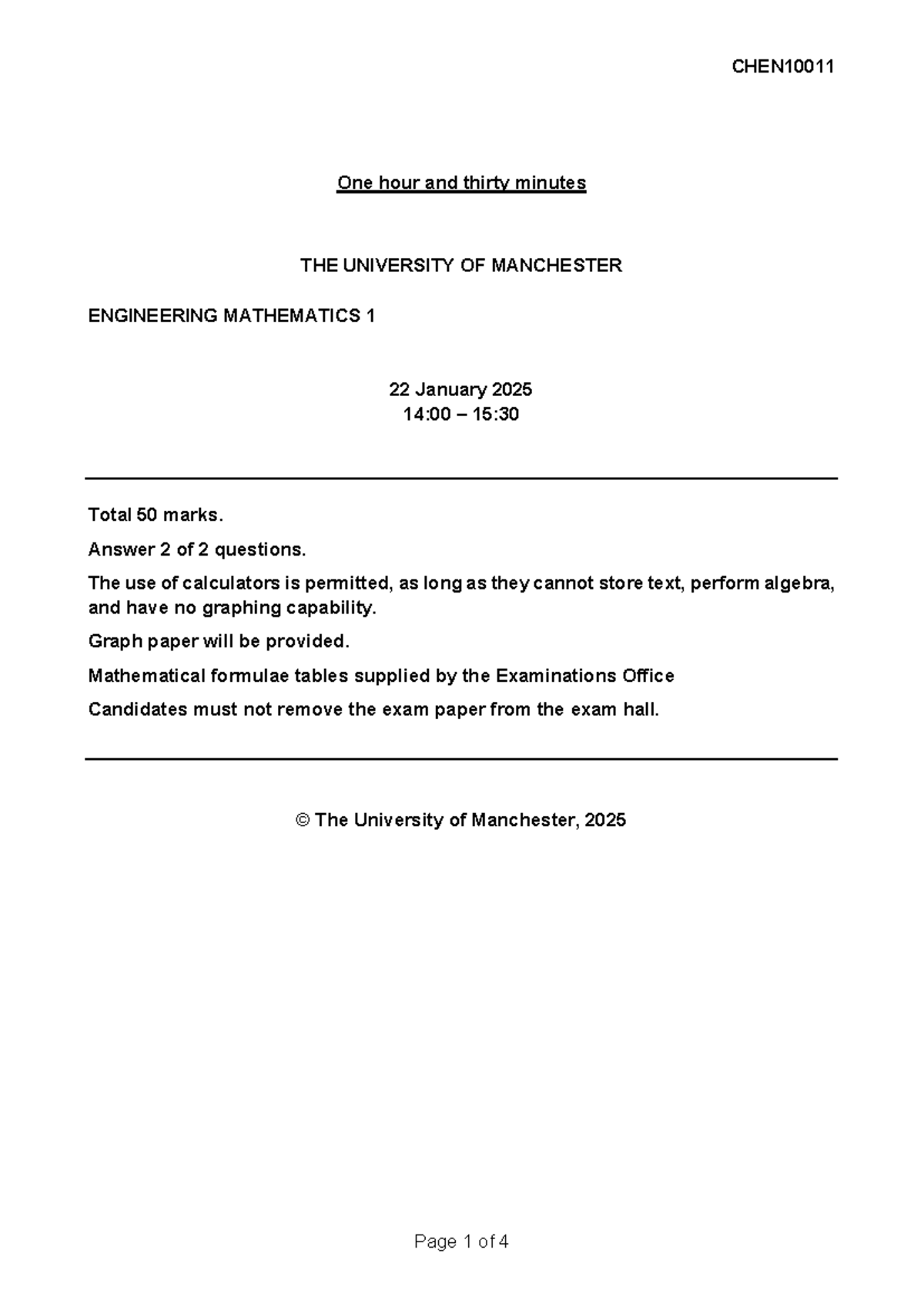CHEN10011 Engineering Mathematics 1 Final Exam Paper - Jan 2025 - Studocu