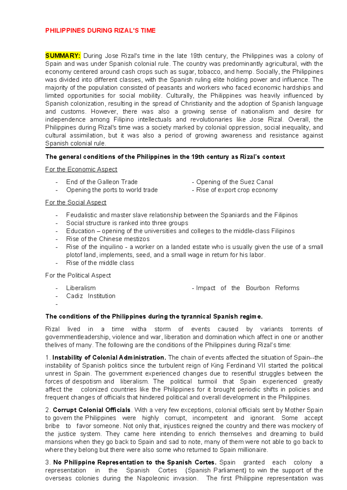 LWR Notes: The Philippines Under Spanish Colonial Rule and Rizal's ...