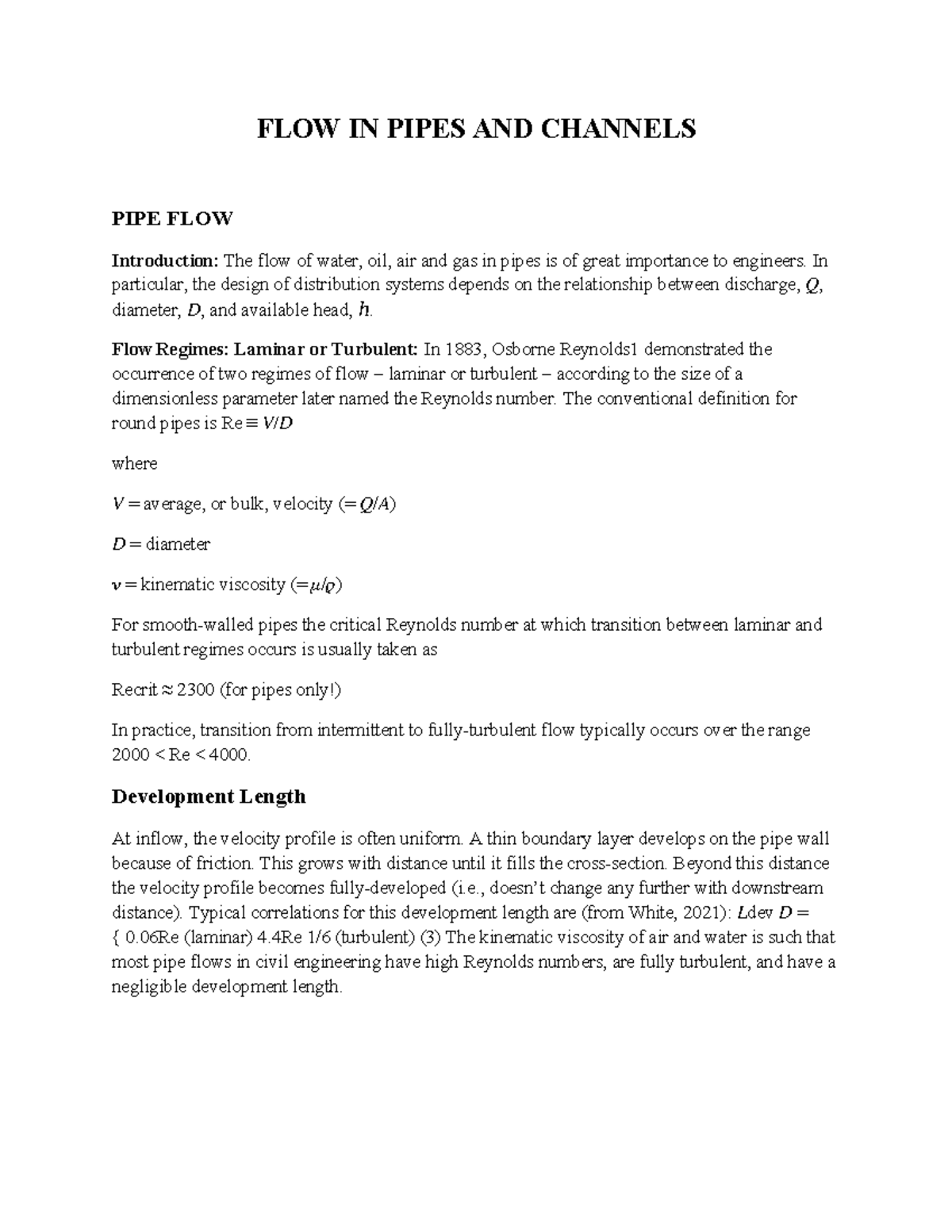 FLOW IN PIPES AND CHANNELS: PIPE FLOW STUDY NOTES - Studocu