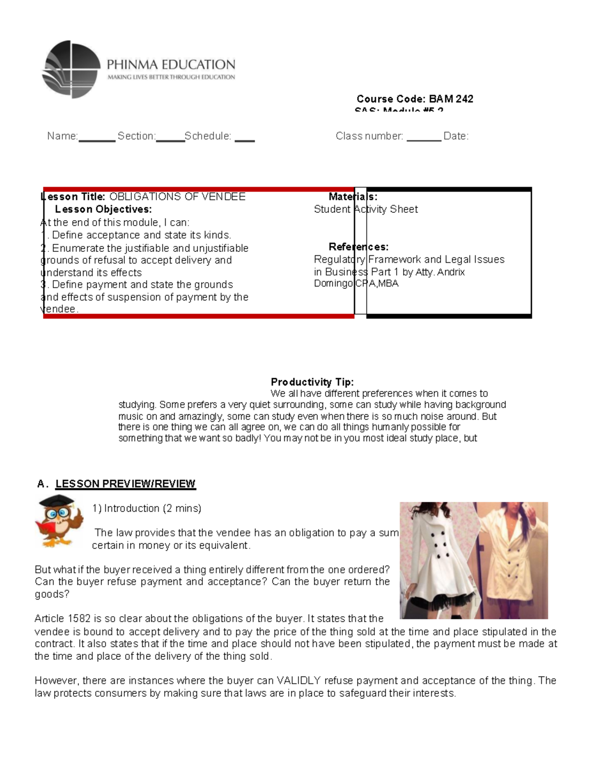 BAM 242 SAS: Lesson on Vendee Obligations and Acceptance - Studocu