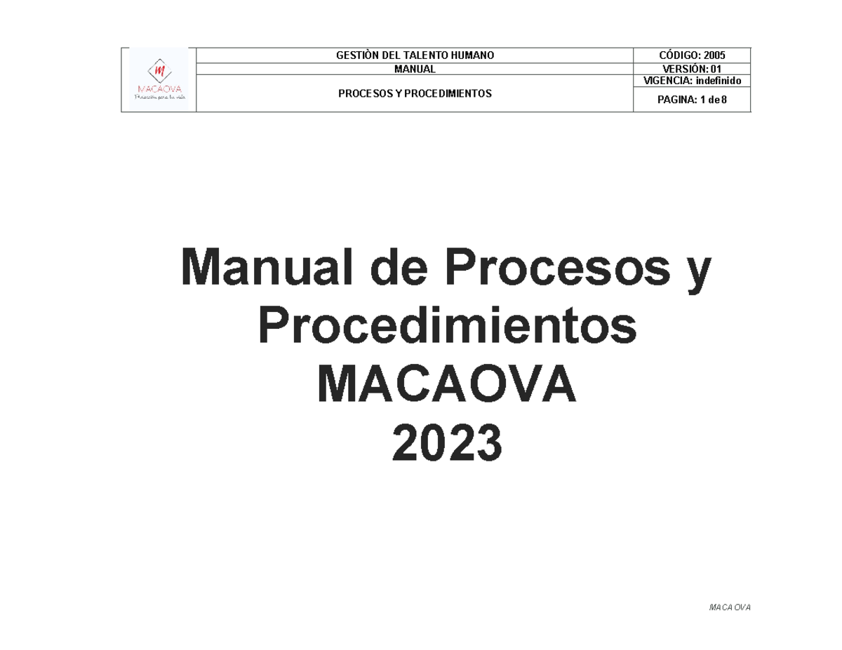 Manual DE Proceso y procedimientos - MANUAL VERSIÓN: 01 PROCESOS Y PROCEDIMIENTOS VIGENCIA ...