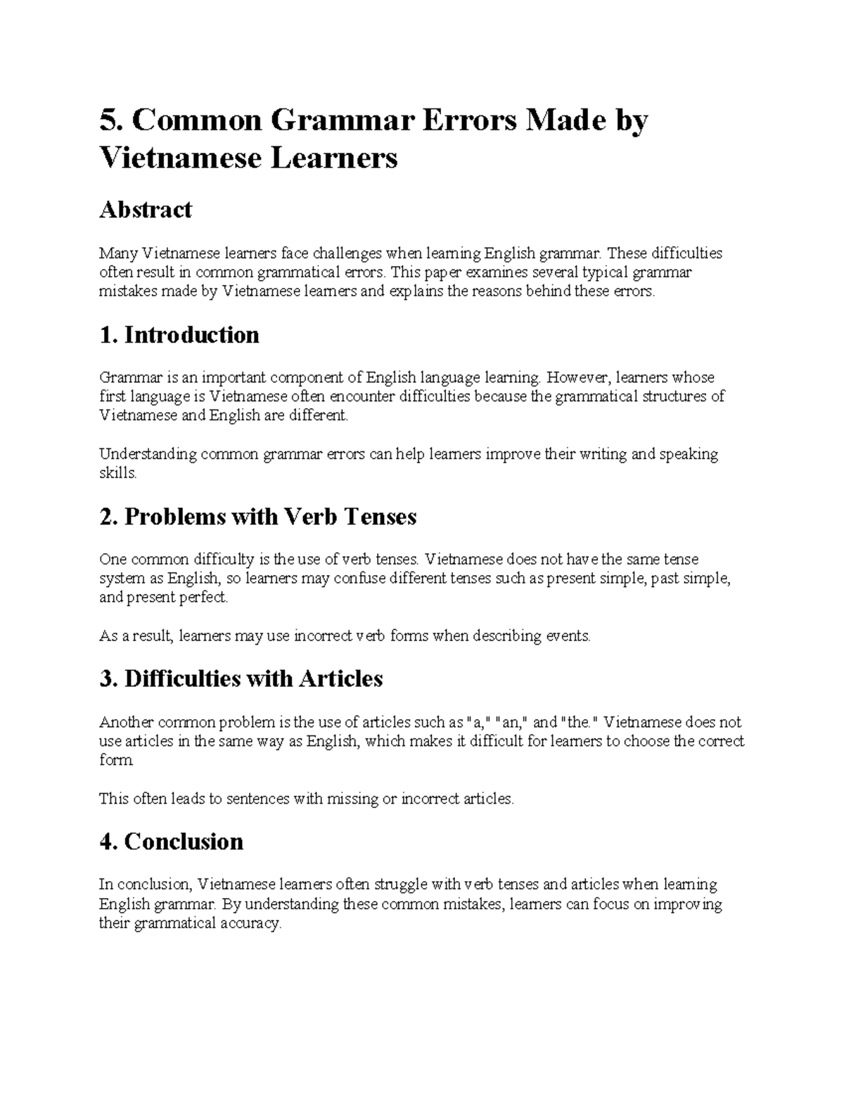 5. Common Grammar Errors in English by Vietnamese Learners - Studocu