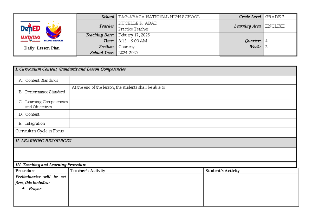 DLP English G7 - Daily Lesson Plan for Quarter 4, Week 2 - Studocu