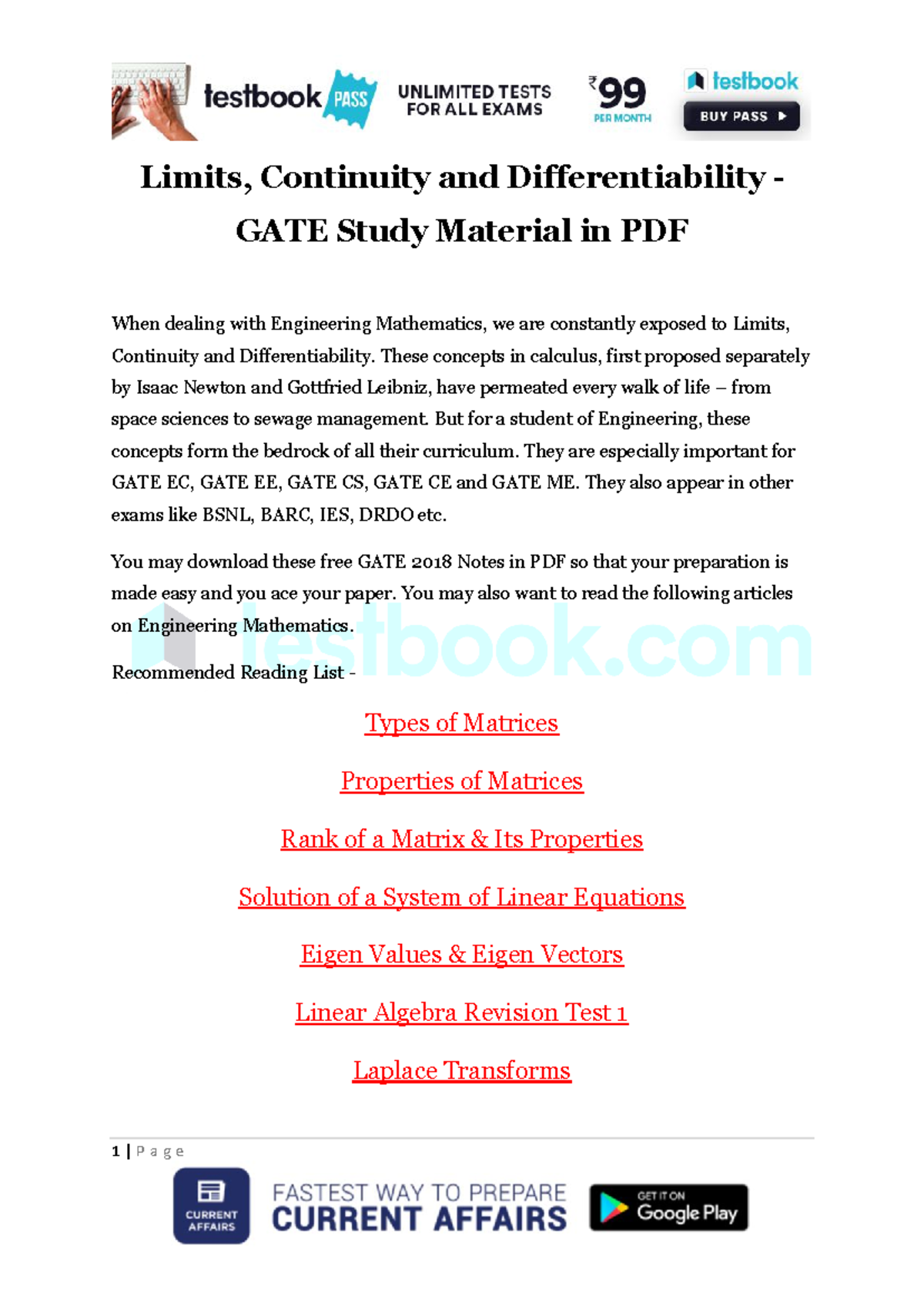 Limits, Continuity & Differentiability for GATE EC/EE/CS/CE/ME Study PDF - Studocu