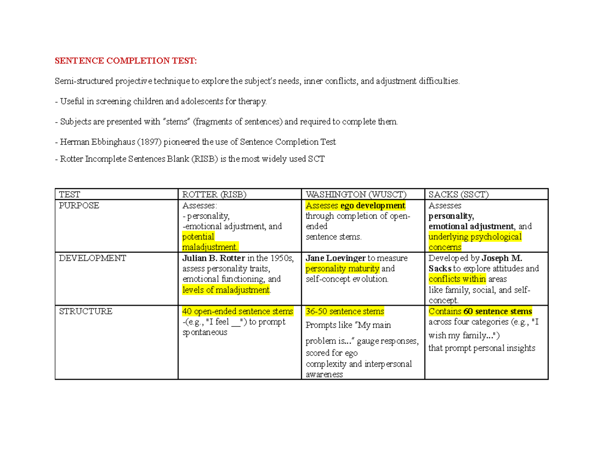 PSY 101: Sentence Completion Tests Overview and Techniques - Studocu