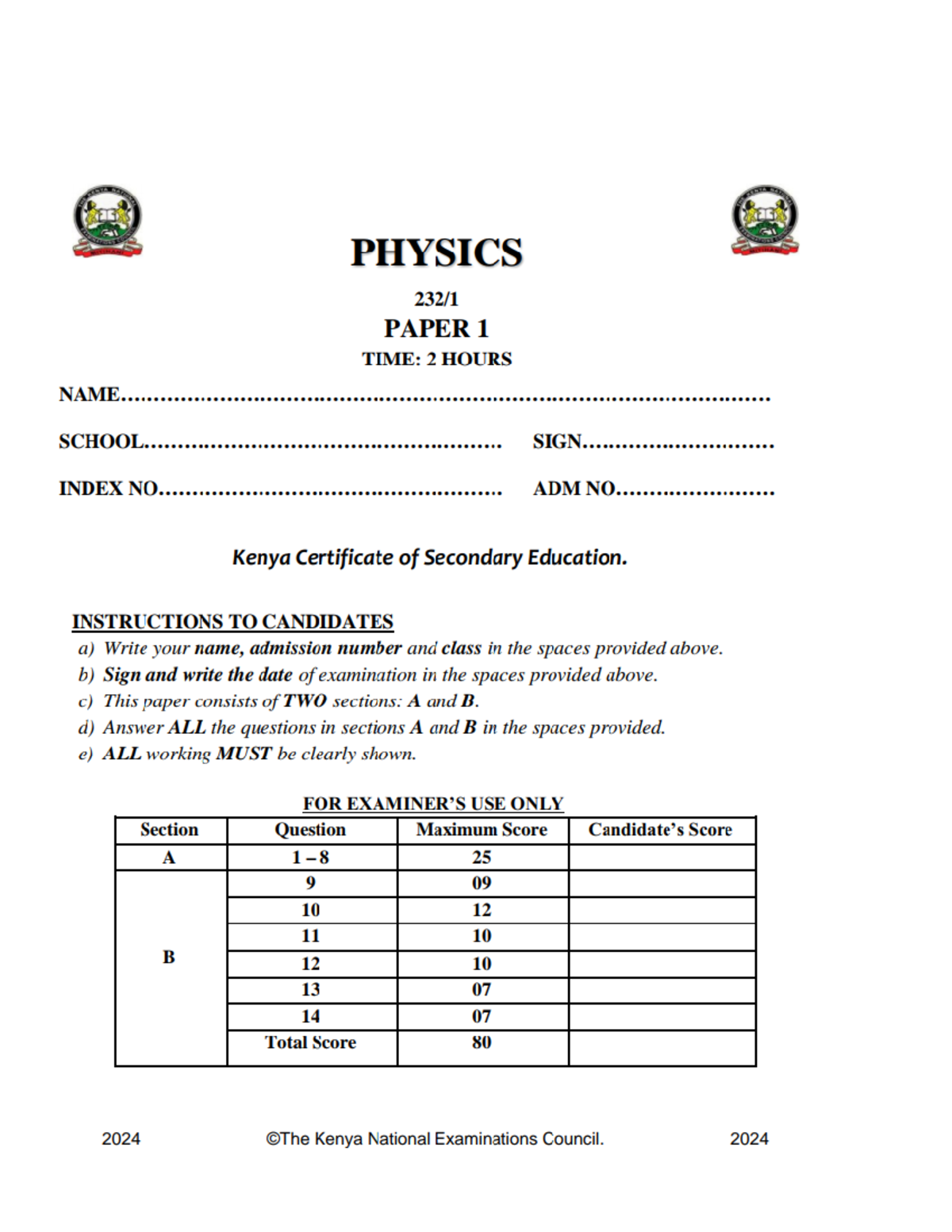 KCSE 2024 - Physics Paper 1 & 2 Examination Questions and Answers - Studocu