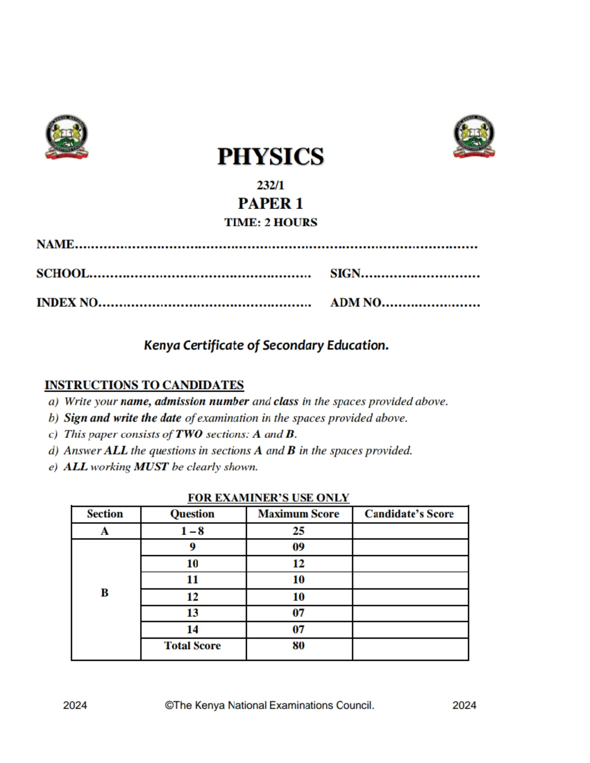 KCSE 2024 - Physics Paper 1 & 2 Examination Questions and Answers - Studocu