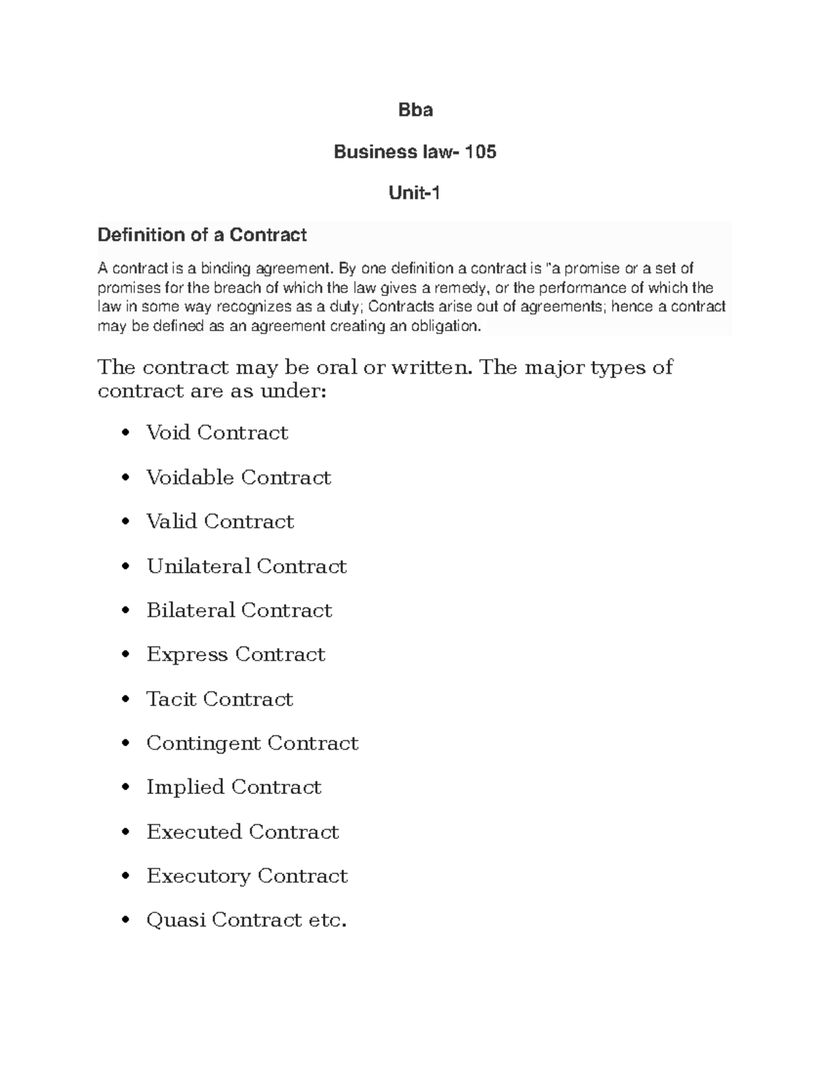 BBA Business Law 105: Key Concepts of Contracts Explained - Studocu